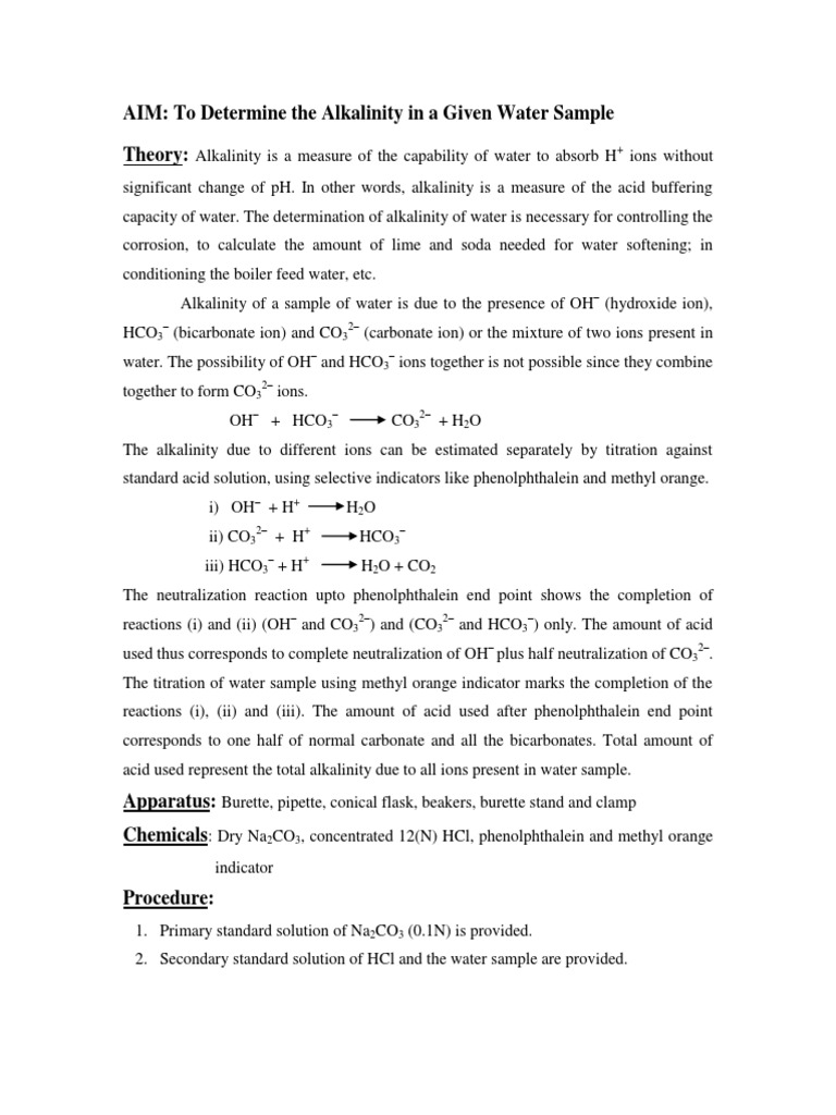 Alkalinity Determination in Water Samples | PDF | Titration | Chemistry