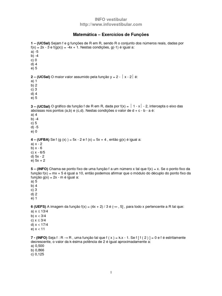 Matemática - Exercícios de Funções II | PDF | Função (Matemática ...