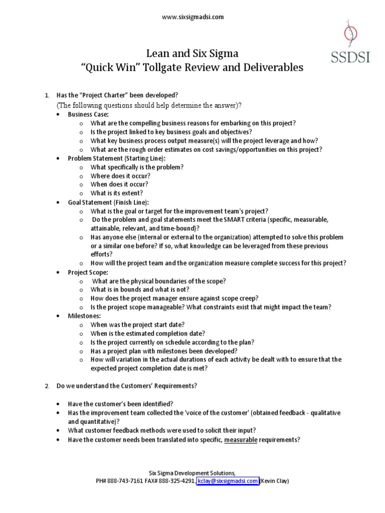 Lean and Six Sigma Quick Win Tollgate Review | PDF