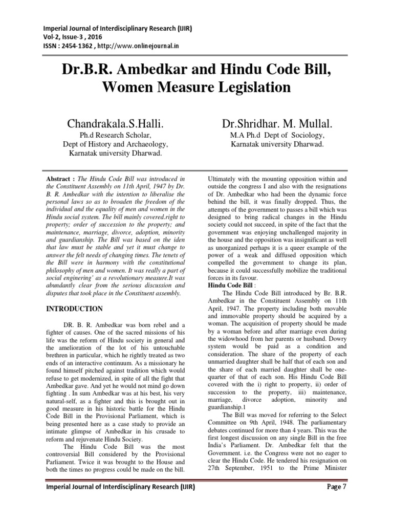 Dr.B.R. Ambedkar and Hindu Code Bill, Women Measure Legislation ...