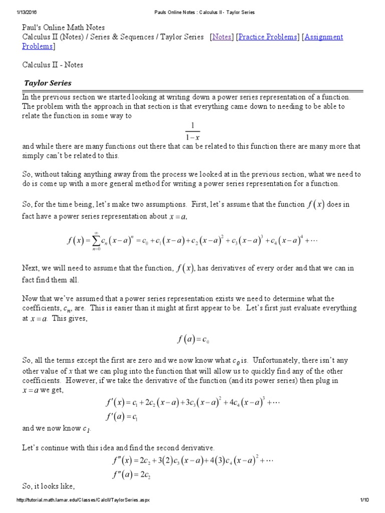 Notes - Calculus II - Taylor Series | PDF | Series (Mathematics ...