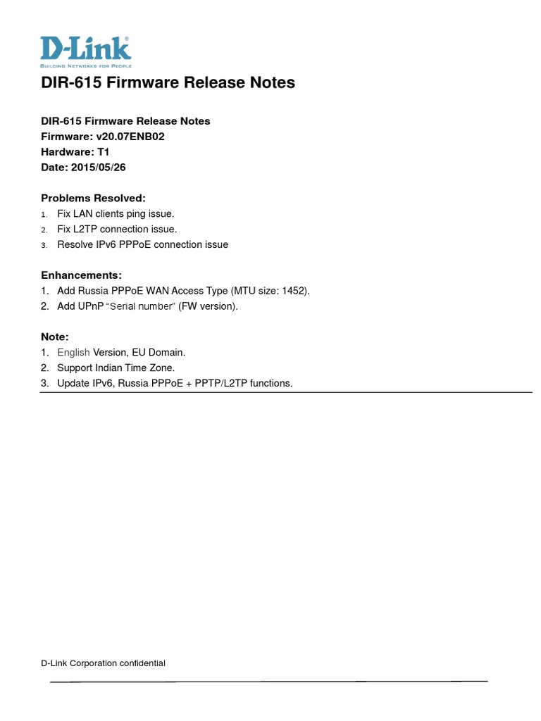 DIR-615 Firmware v20.07ENB02 Release Notes | PDF