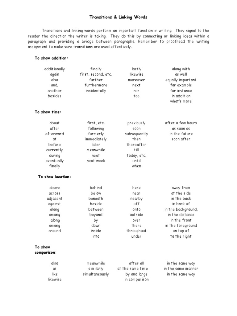 Transition and Linking Words | PDF | Cognitive Science | Cognition