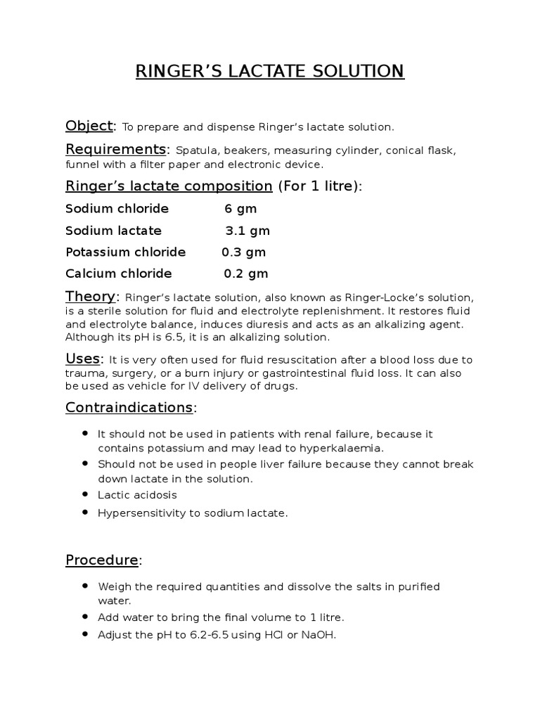 Object: Requirements: Ringer's Lactate Composition (For 1 Litre) | PDF ...