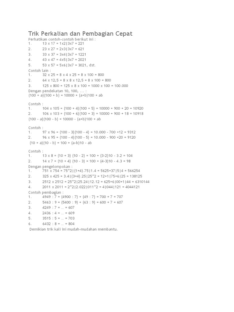 Trik Perkalian Dan Pembagian Cepat | PDF | Teaching Methods & Materials