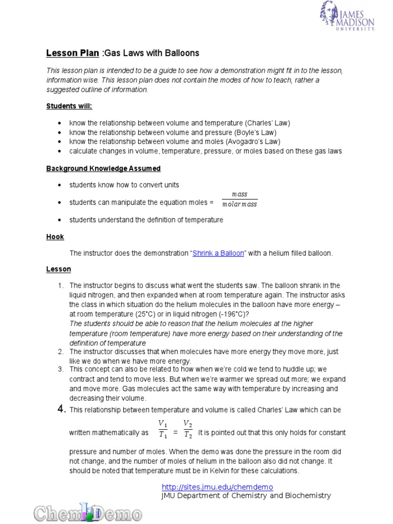 Gas Laws With Balloons Lesson Plan | PDF | Gases | Temperature