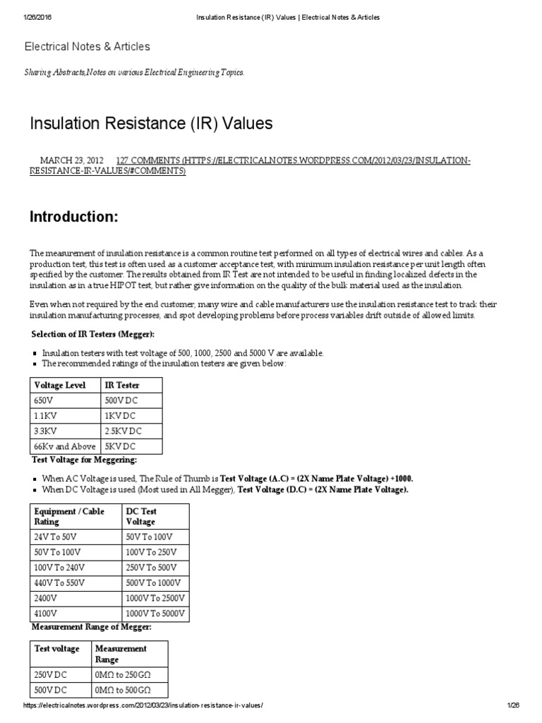 Insulation Resistance (IR) Values - Electrical Notes & Articles | PDF ...