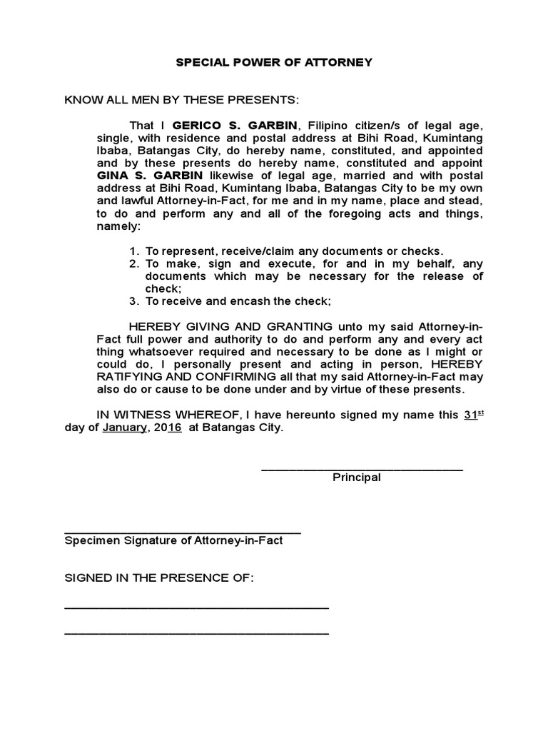 Special Power of Attorney for Claims | PDF | Power Of Attorney | Notary ...