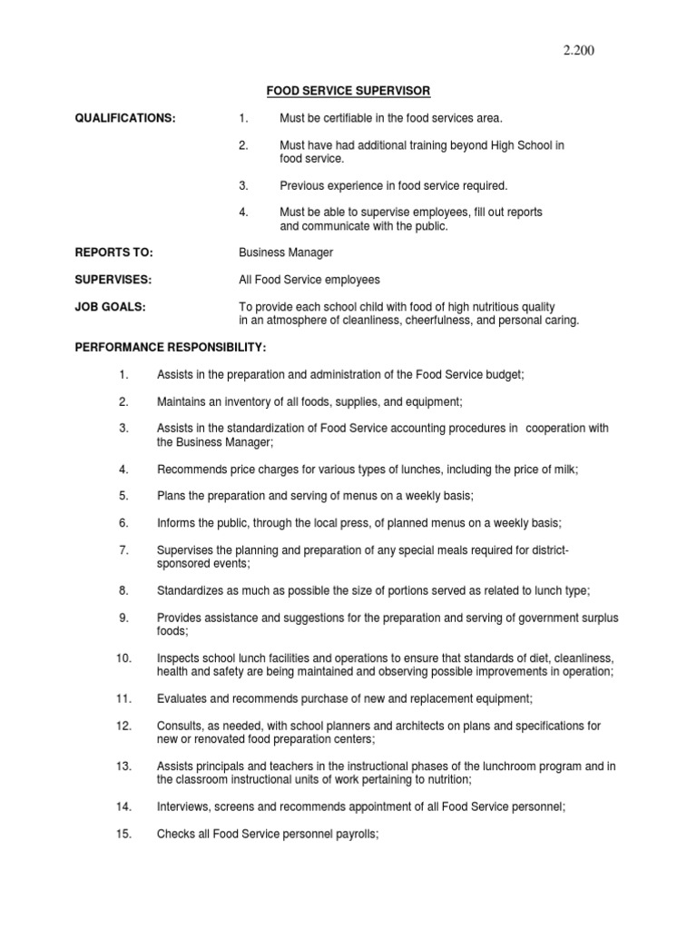 Food Service Supervisor Qualifications | PDF | School Meal | Employment