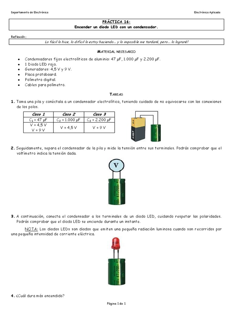 Práctica 16. Encender Un Diodo LED Con Un Condensador | PDF | Tecnología