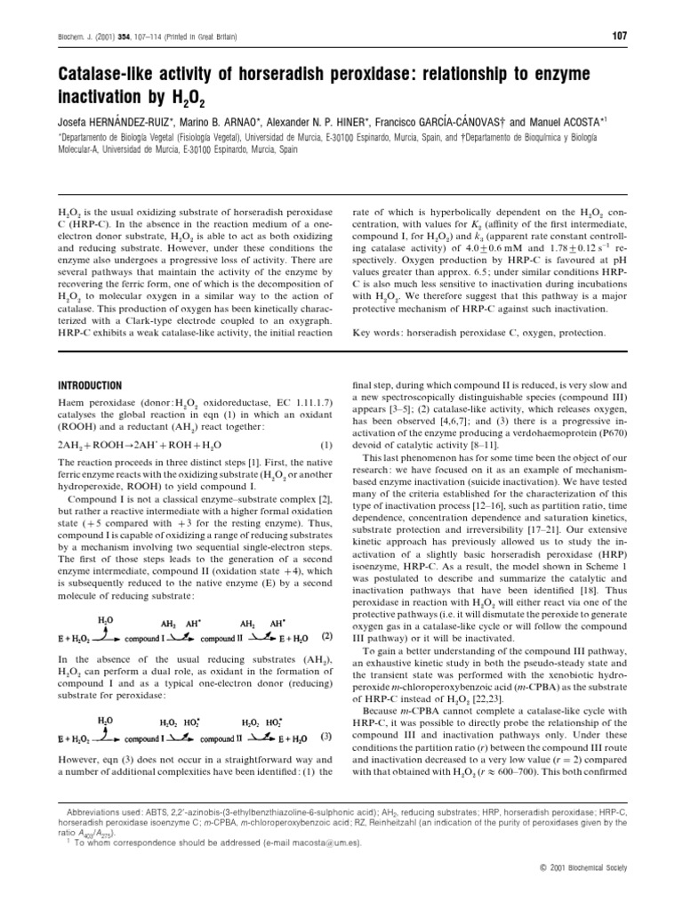 Horseradish Peroxidase Study | PDF | Enzyme Kinetics | Chemical Reactions