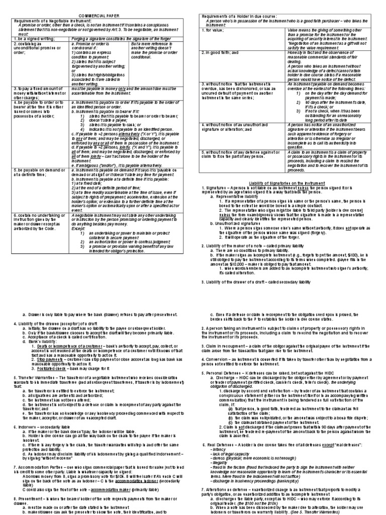 Texas Bar Exam - Commercial Paper | PDF | Negotiable Instrument ...