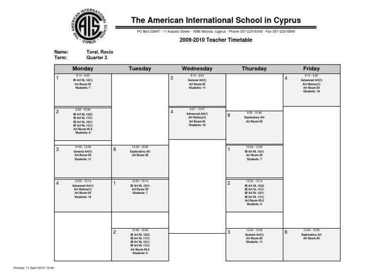 2009-2010 Art Teacher Timetable Cyprus | PDF