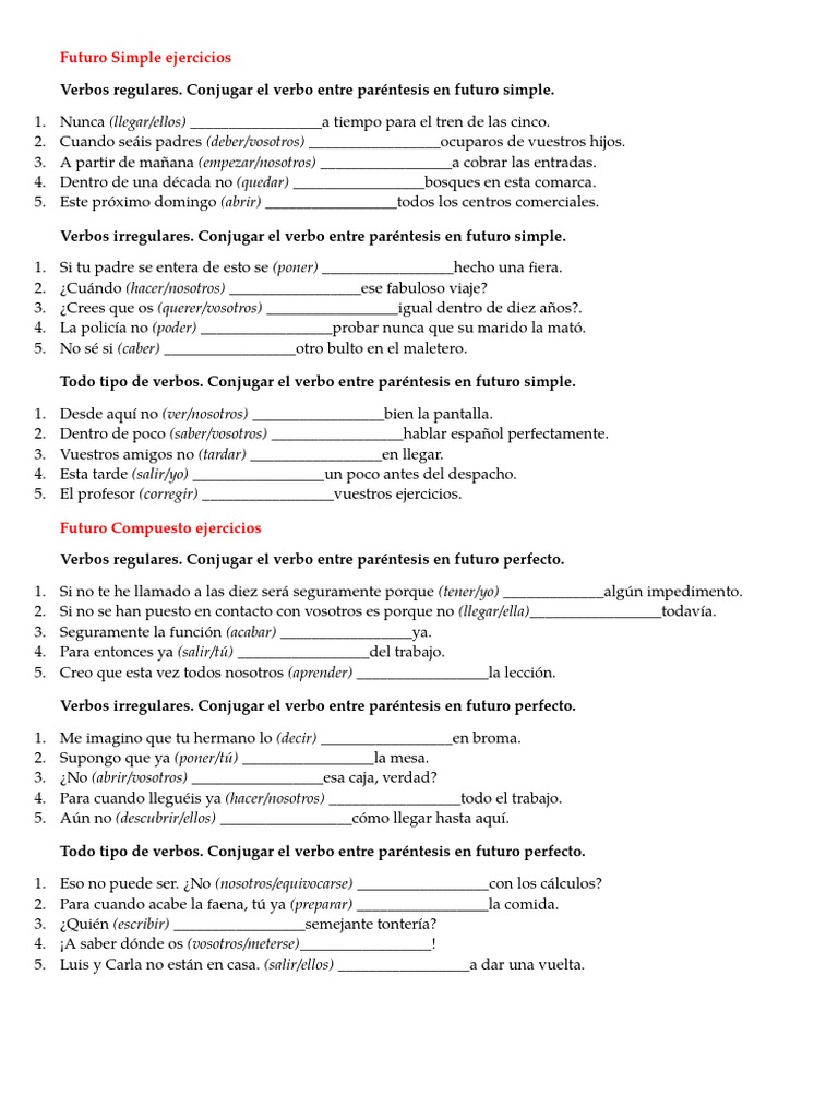 Futuro Simple y Futuro Compuesto: Ejercicios de Conjugación | PDF