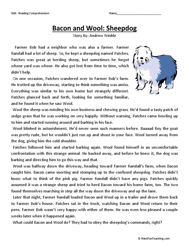 Bacon and Wool Sheepdog Third Grade Reading Comprehension Worksheet ...