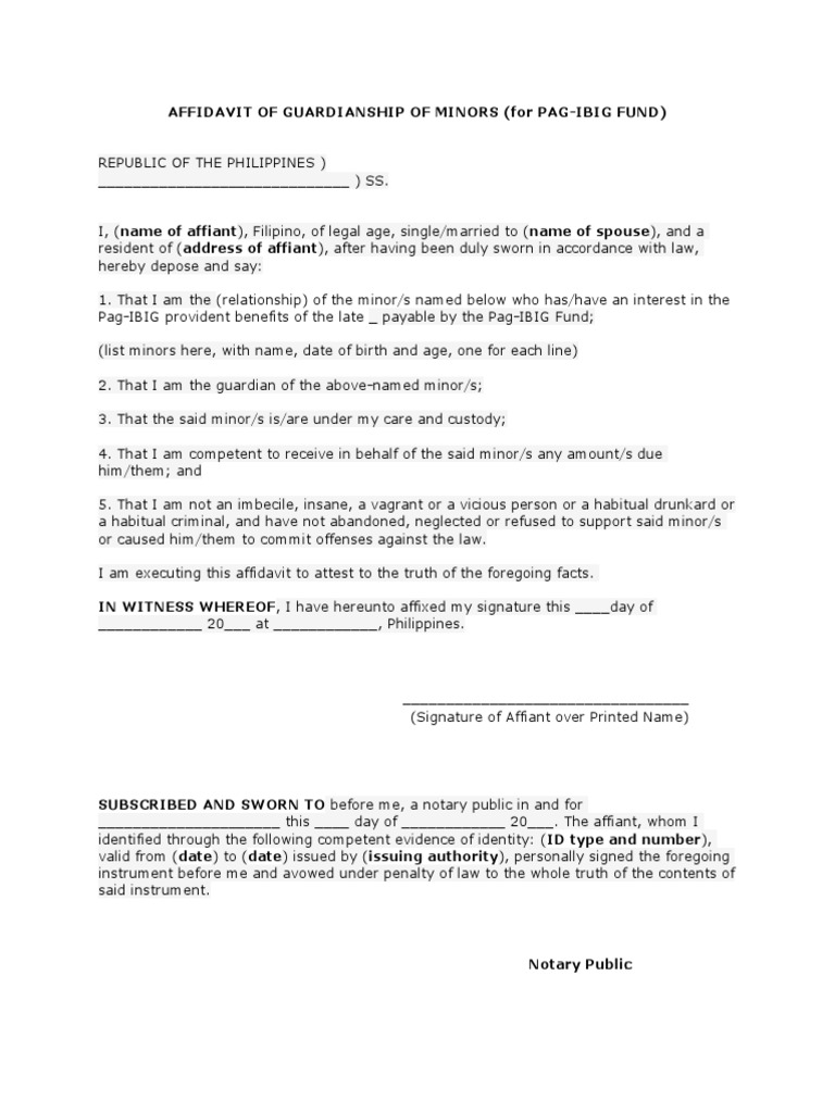 Affidavit of Guardianship of Minors (For Pag-Ibig Fund) | PDF | Law
