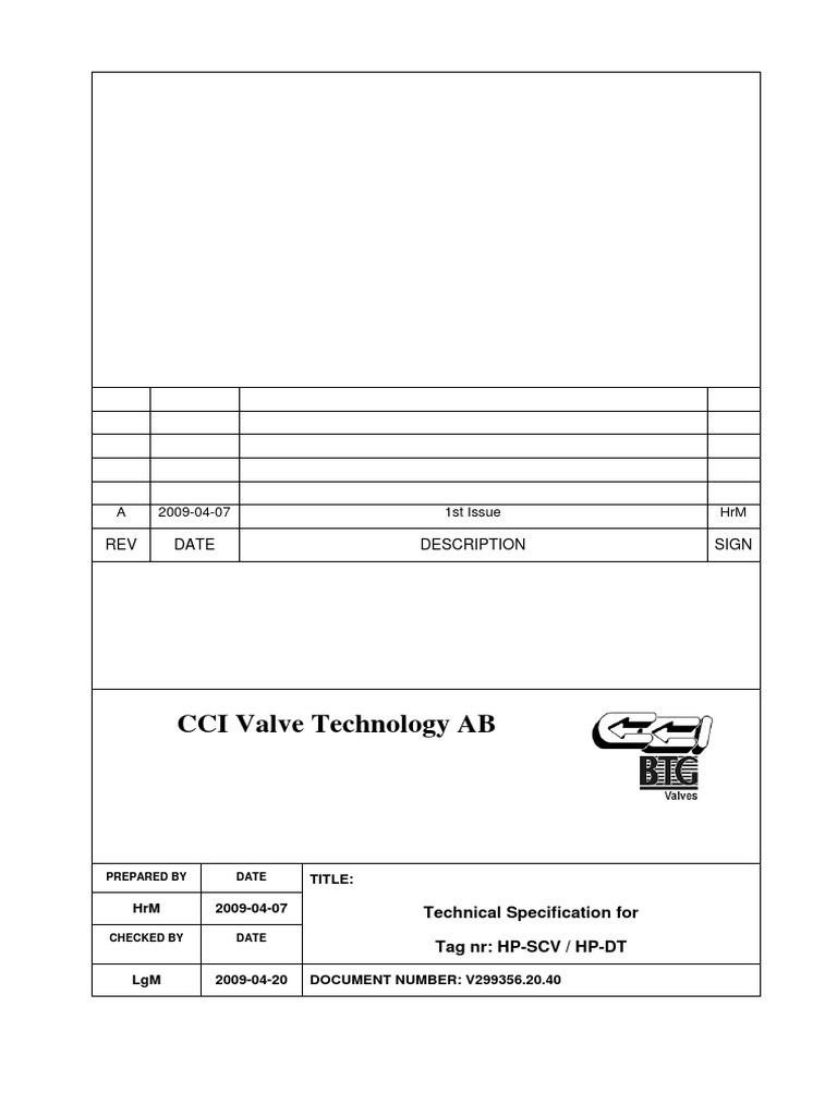 CCI Valve Technology AB: Rev Date Description Sign | PDF | Valve | Machines