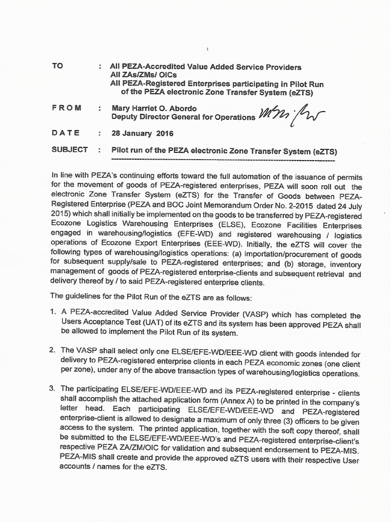 PEZA Memo On EZTS Pilot Run | PDF