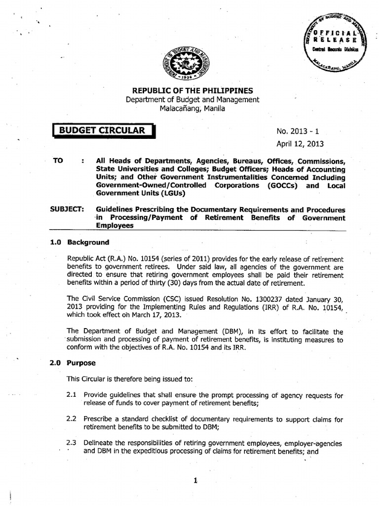 DBM Budget Circular 2013-1-Retirement Benefits | PDF