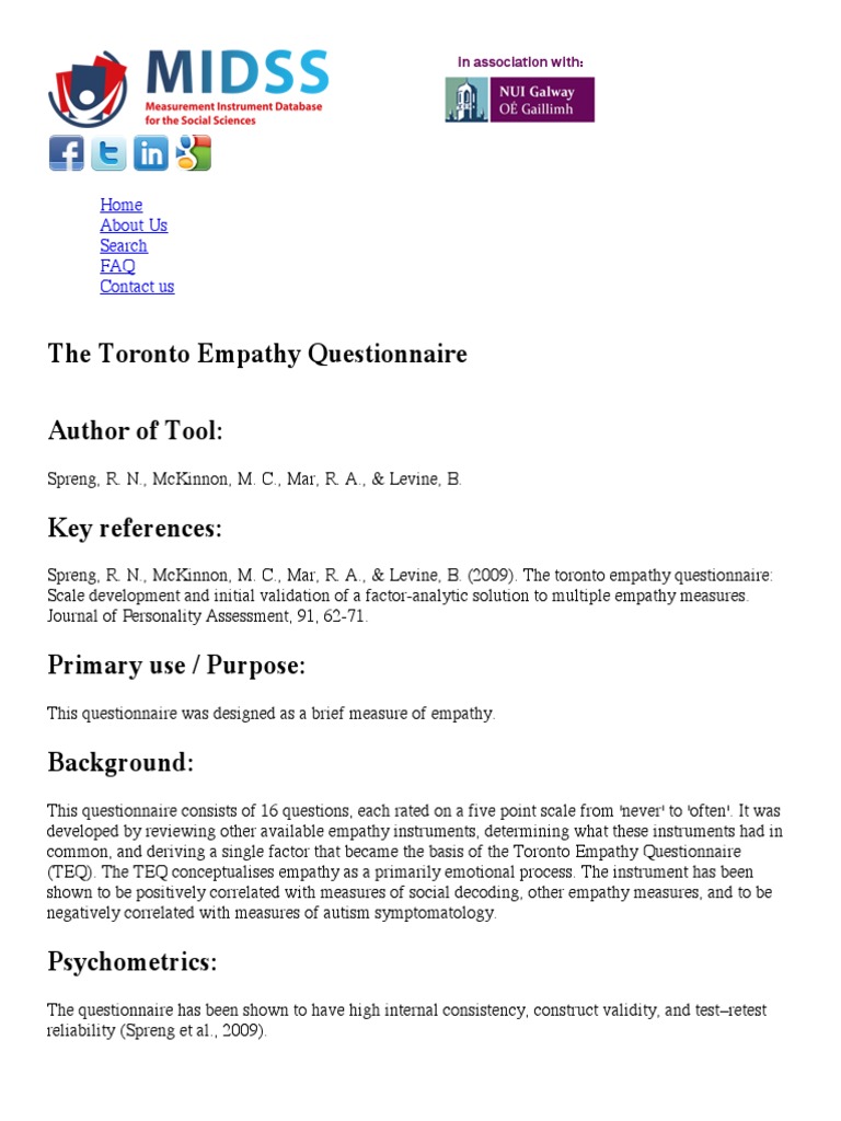 Scoring Guide Toronto Empathy Questionnaire Measurement Instrument Database For The Social ...