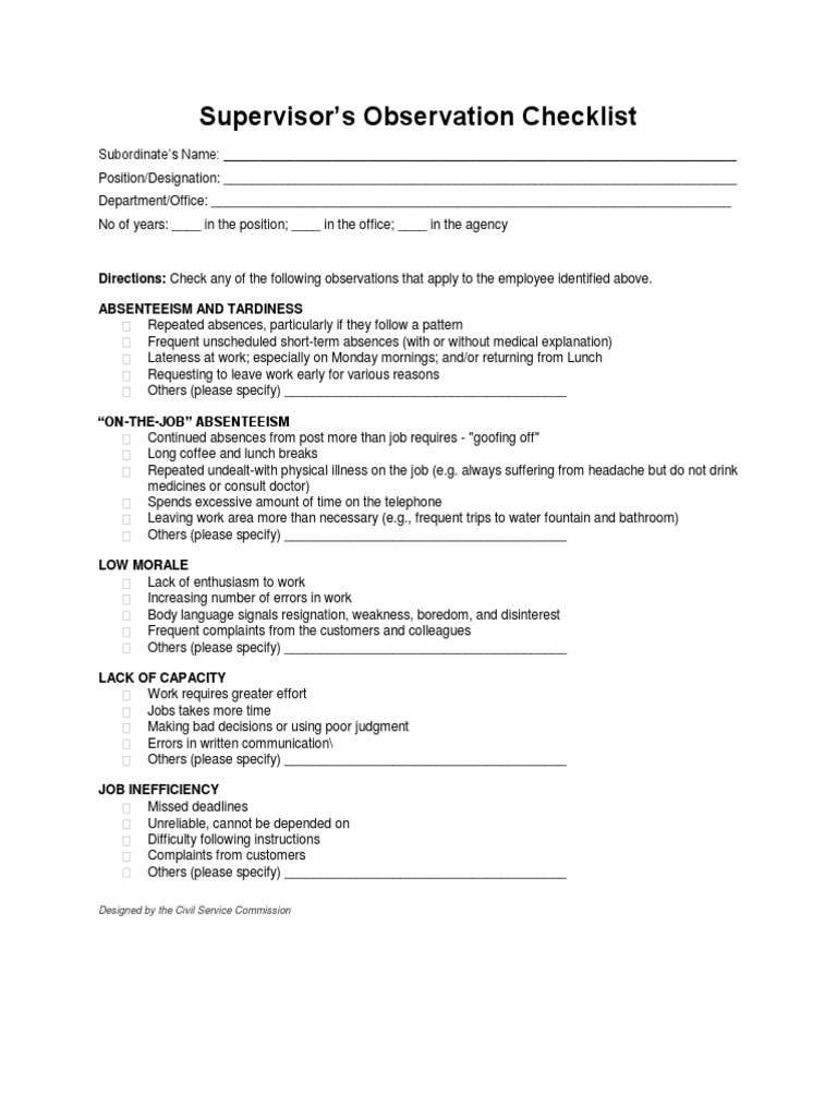 Supervisor's Observation Checklist | PDF | Behavioural Sciences ...