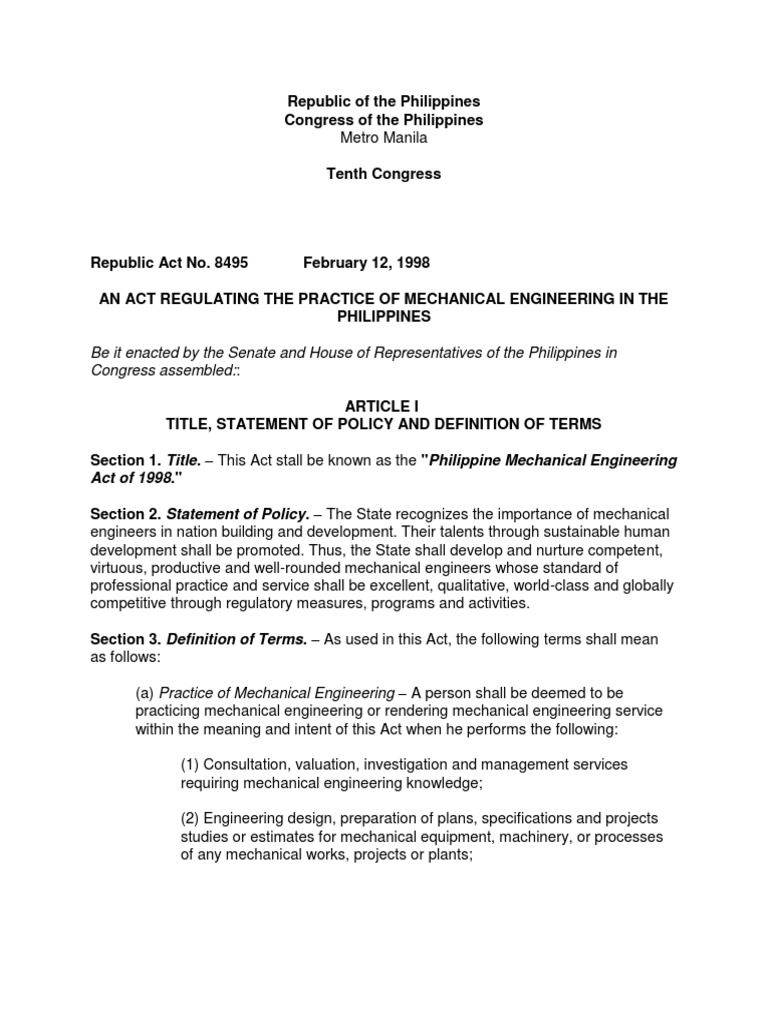 Mechanical Engineering Act of 1998 | PDF | Licensure | Engineer