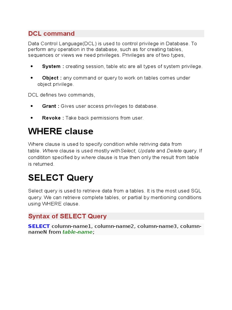 WHERE Clause: DCL Command | PDF | Sql | Data