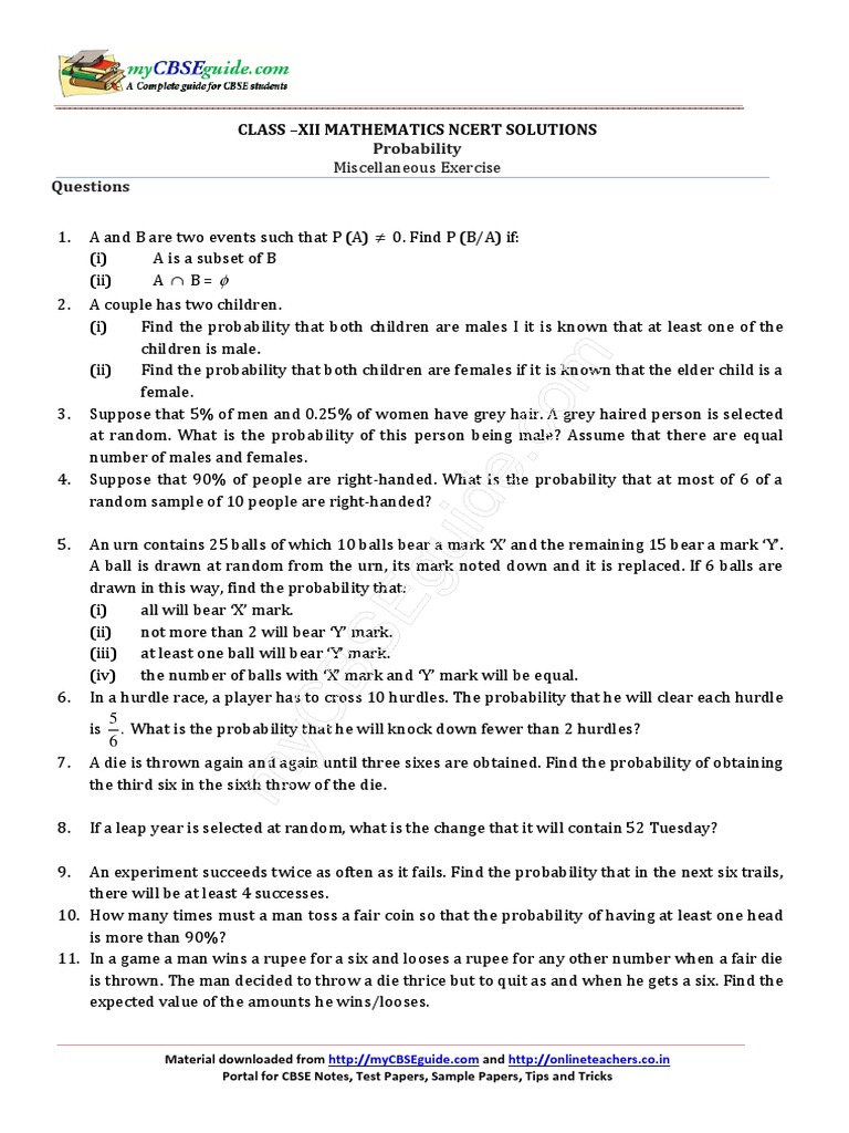 Class 12 Probability Solutions | PDF | Probability | Teaching Mathematics