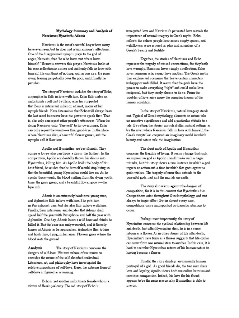 Mythology Summary and Analysis of Narcissus | PDF | Aphrodite | Hades