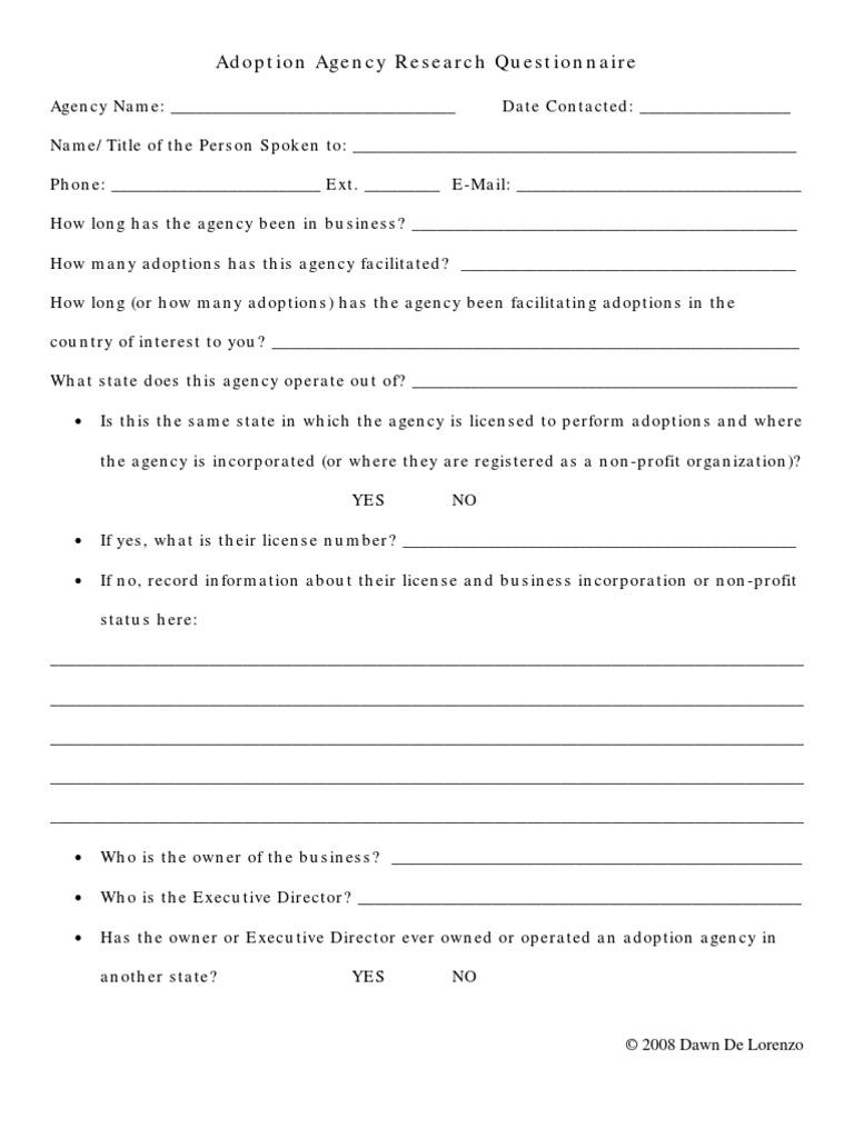 Adoption Agency Research Questionnaire | Adoption | Parenting | Free 30 ...