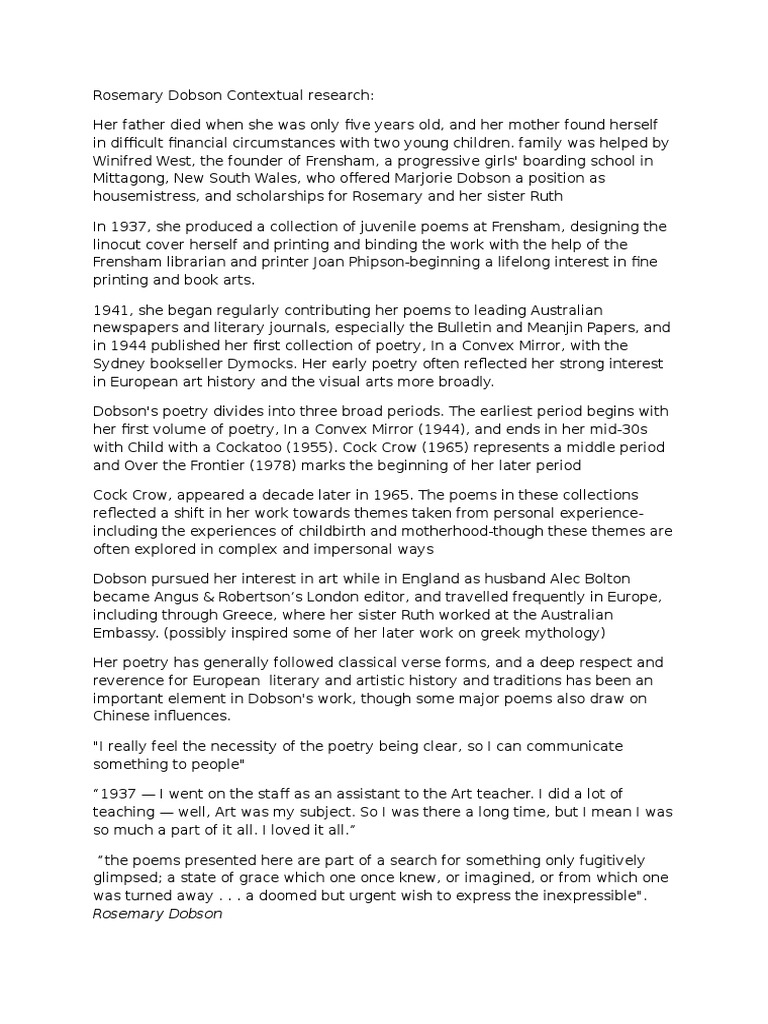 Rosemary Dobson Contextual Research | PDF | Poetry