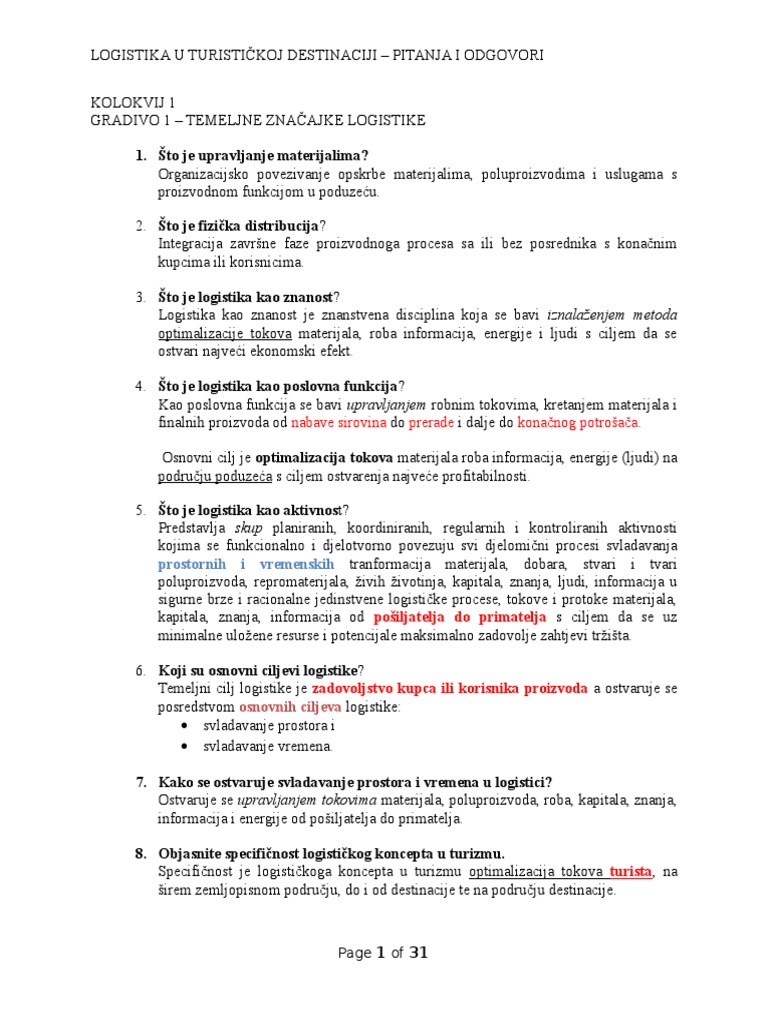 Logistika U Turističkoj Destinaciji | PDF