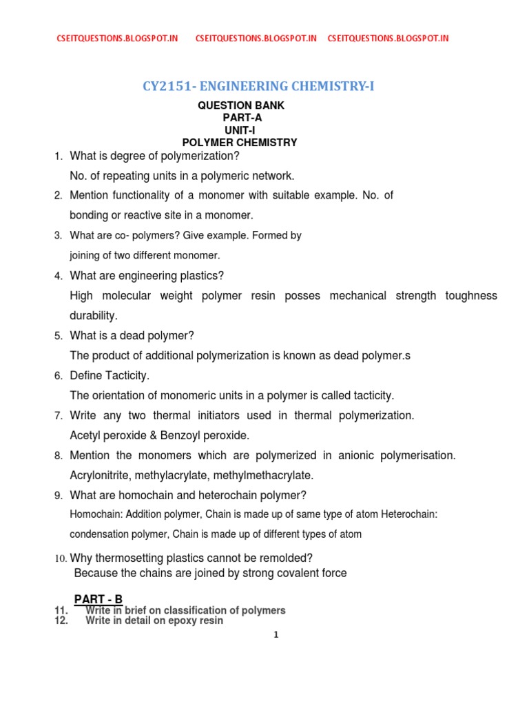 First Semester Engineering Chemistry - I Question Bank | PDF ...
