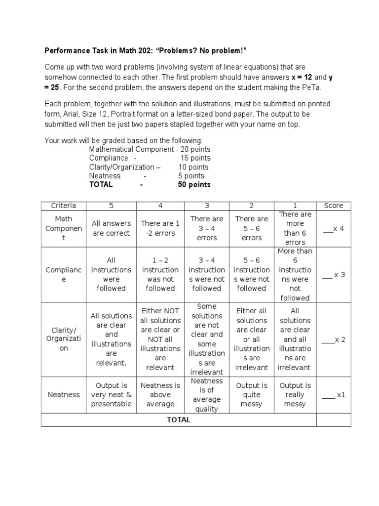 Math Performance Task: Linear Equations | PDF