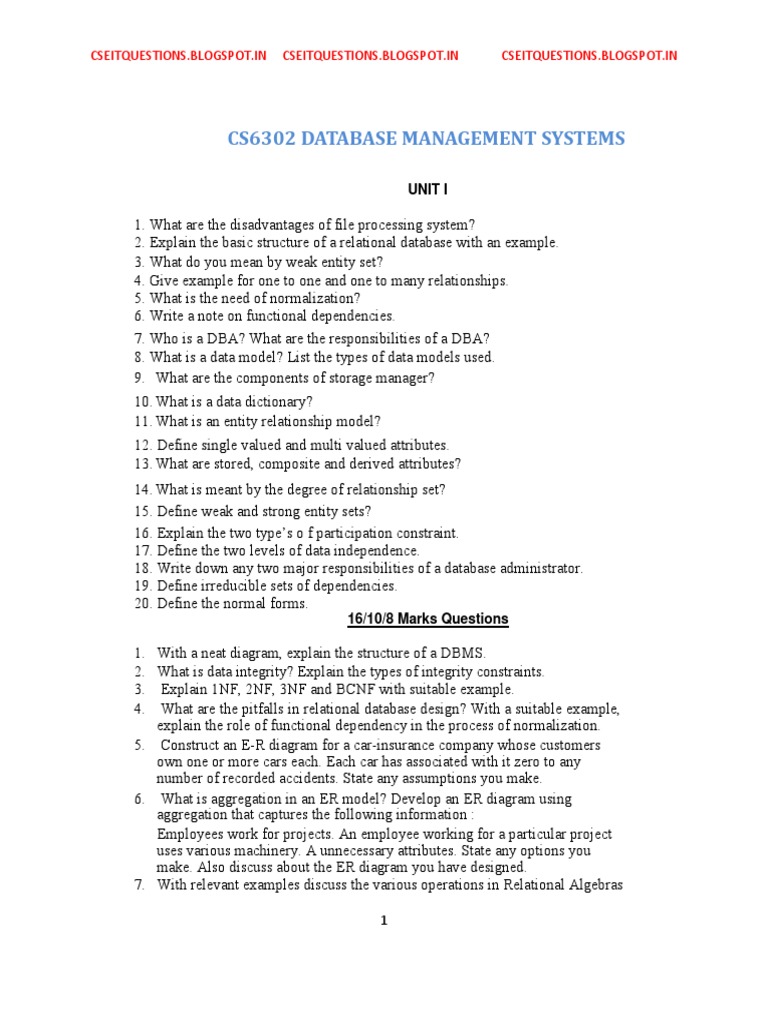 Second Year 3RD Sem Database Management System Question Bank For ...