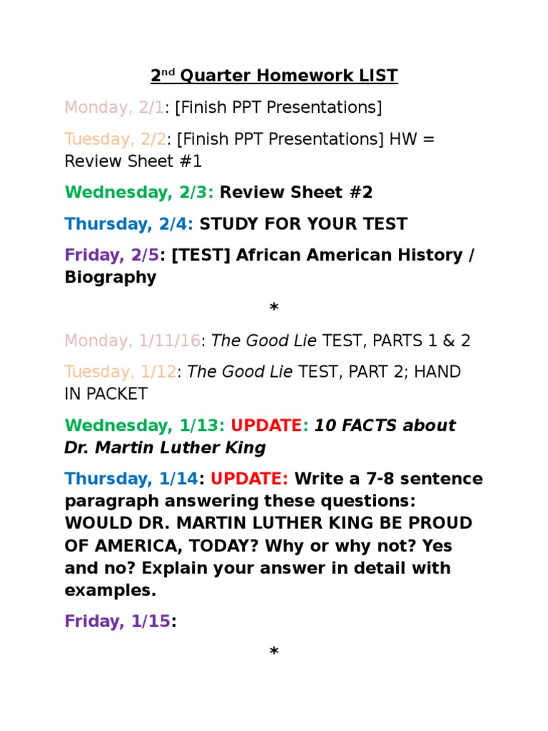 2nd Quarter Homework Overview | PDF | Foreign Language Studies