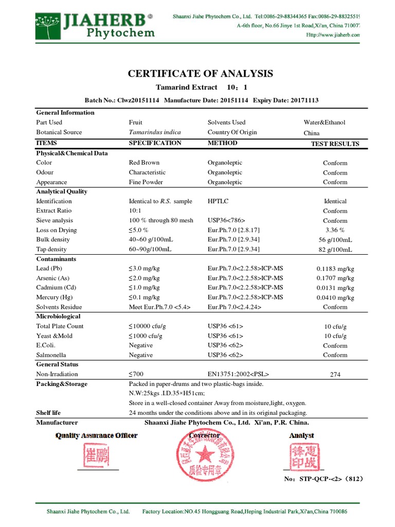 Tamarind Extract Certificate of Analysis | PDF