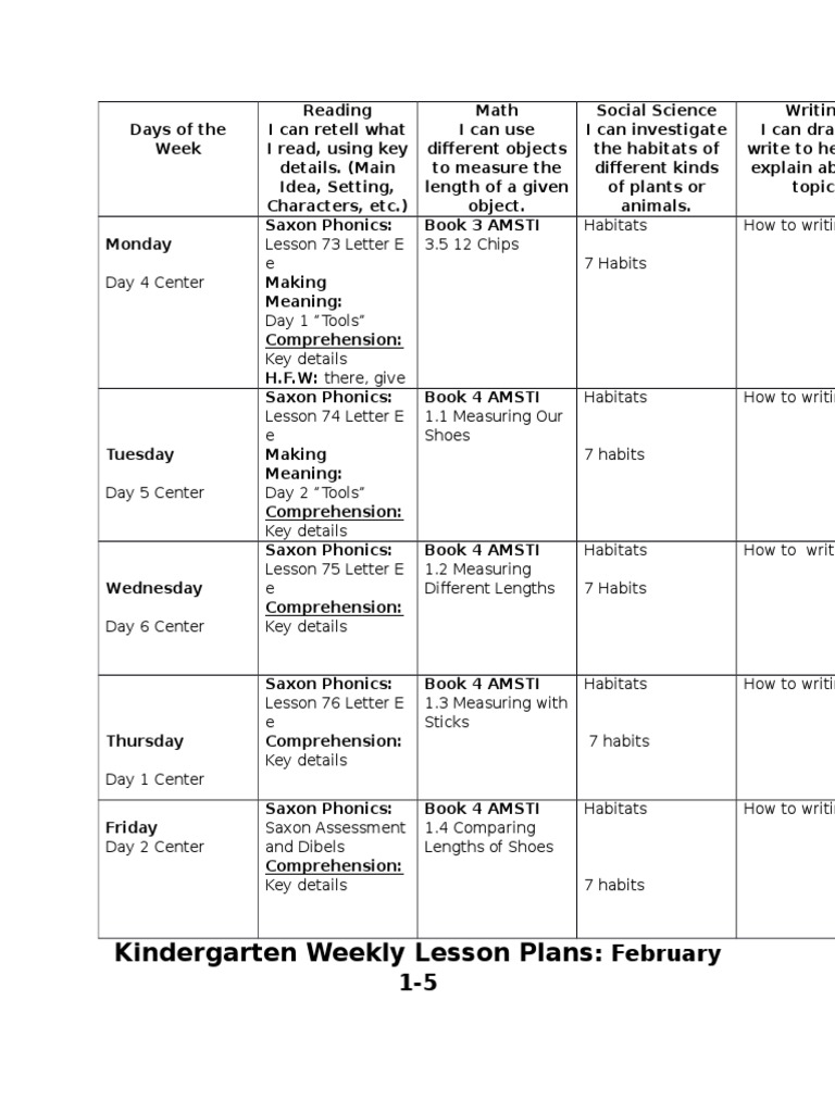 Kindergarten Weekly Lesson Plans | PDF
