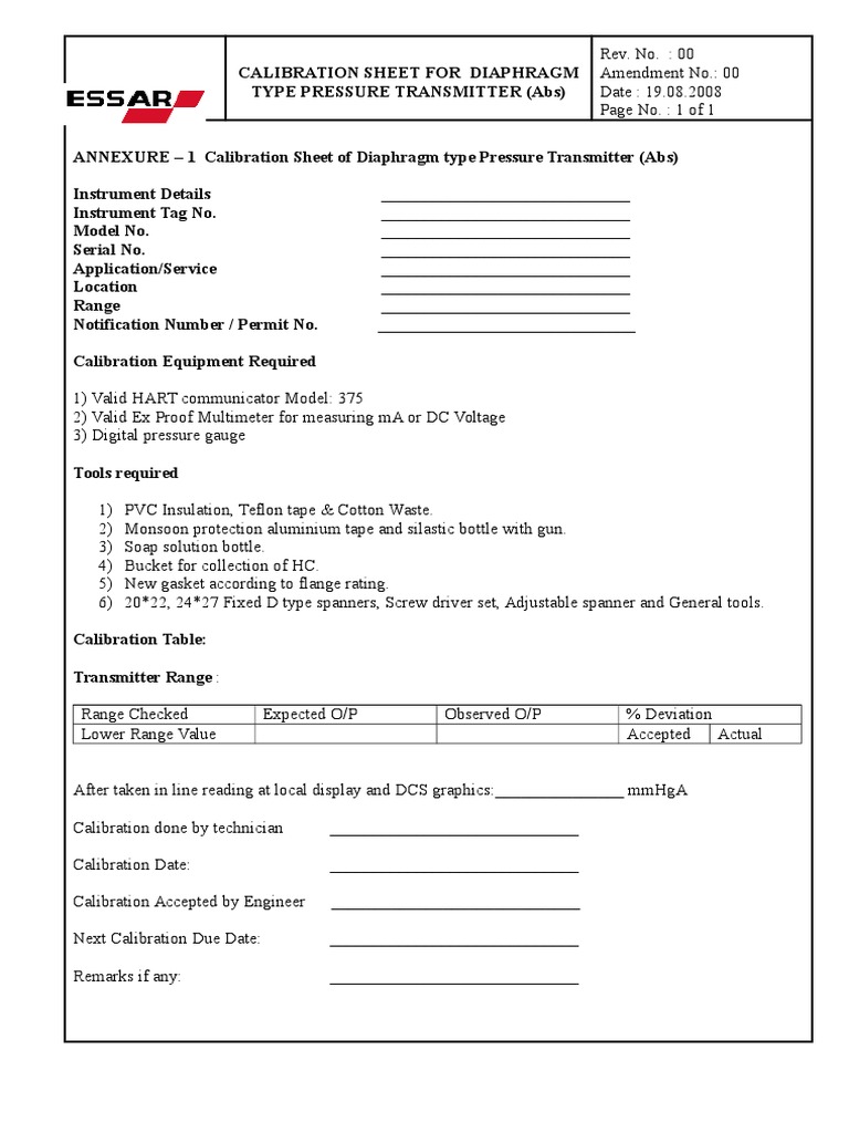 Calibration and Inspection Format of Diaphragm PT (Abs) | PDF