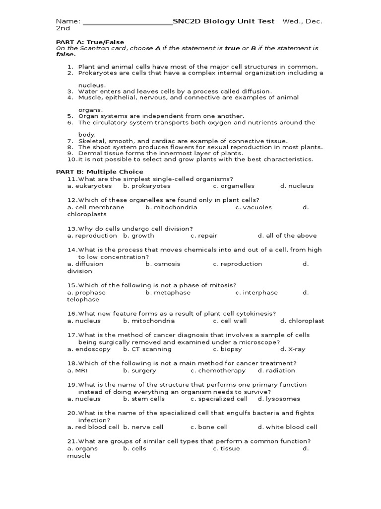 SNC2D Grade 10 Biology Unit Test | PDF | Tissue (Biology) | Mitosis