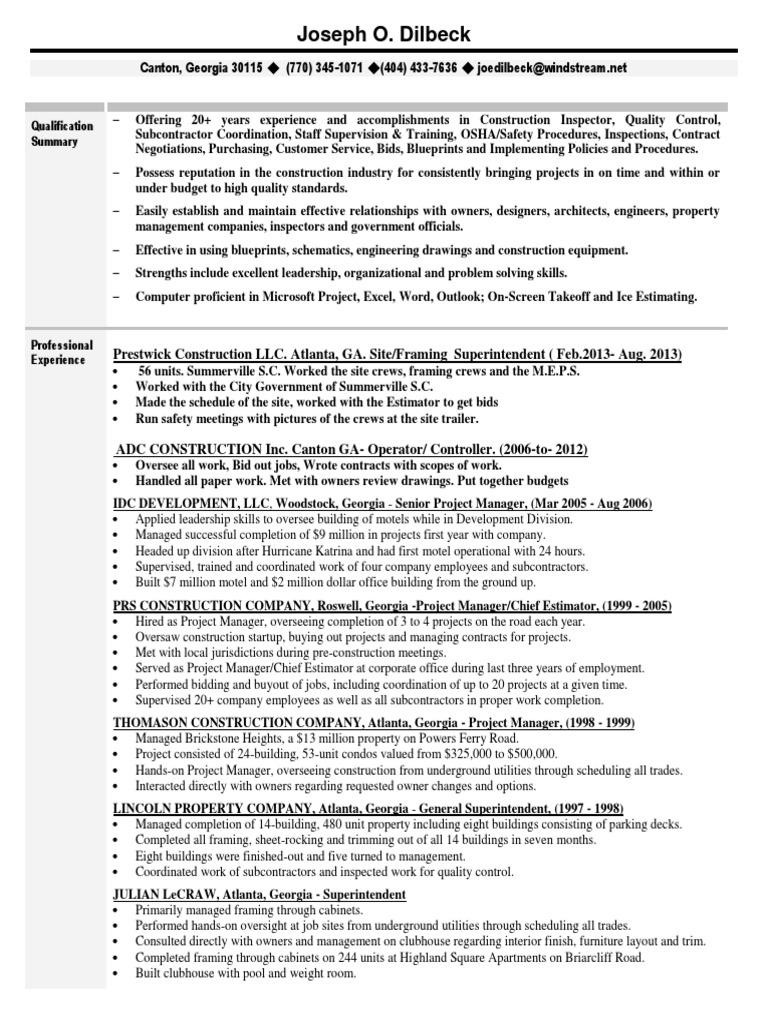 Superintendent Project Manager Construction in Atlanta GA Resume Joseph ...