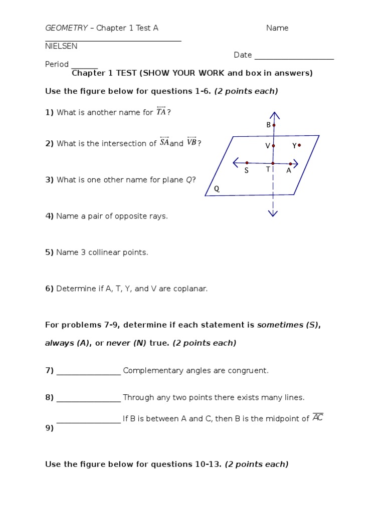 Chapter 1 Test | PDF | Angle | Line (Geometry)