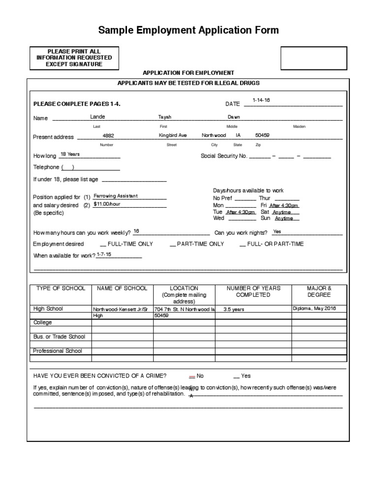 Sample Employment Application Form | PDF | Employment | Transport