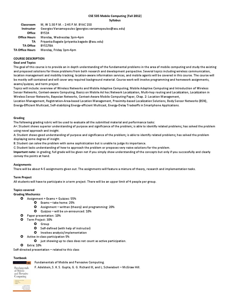 CSE 535 Mobile Computing Syllabus | Download Free PDF | Syllabus | Homework