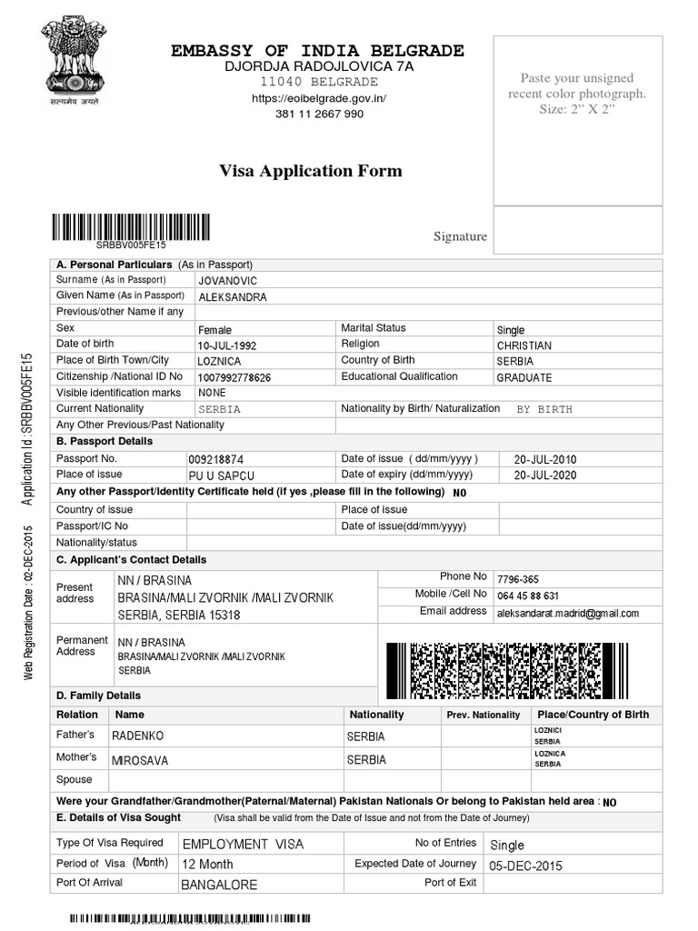 Indian Visa Application by Serbian Citizen Aleksandra Jovanovic | PDF ...