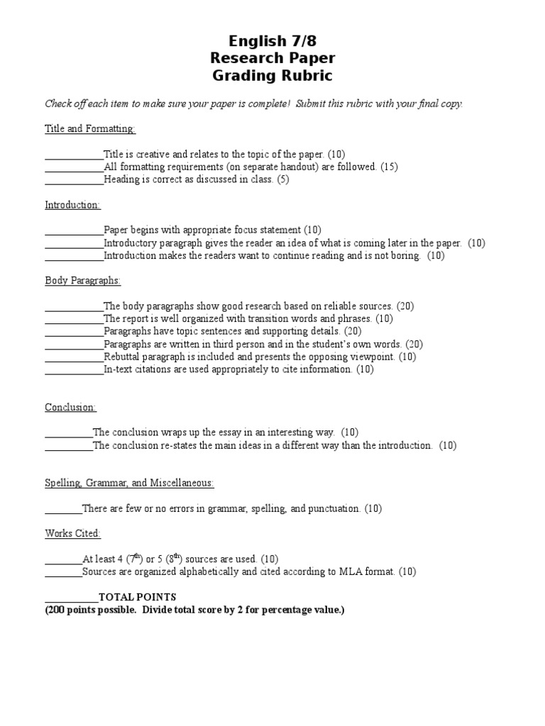 7th/8th Grade Research Paper Rubric | PDF | Language Arts & Discipline
