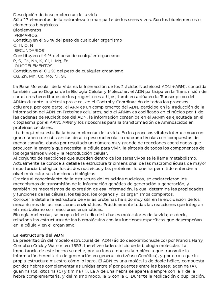 Descripción de Base Molecular de La Vida | PDF | Adn | Rna