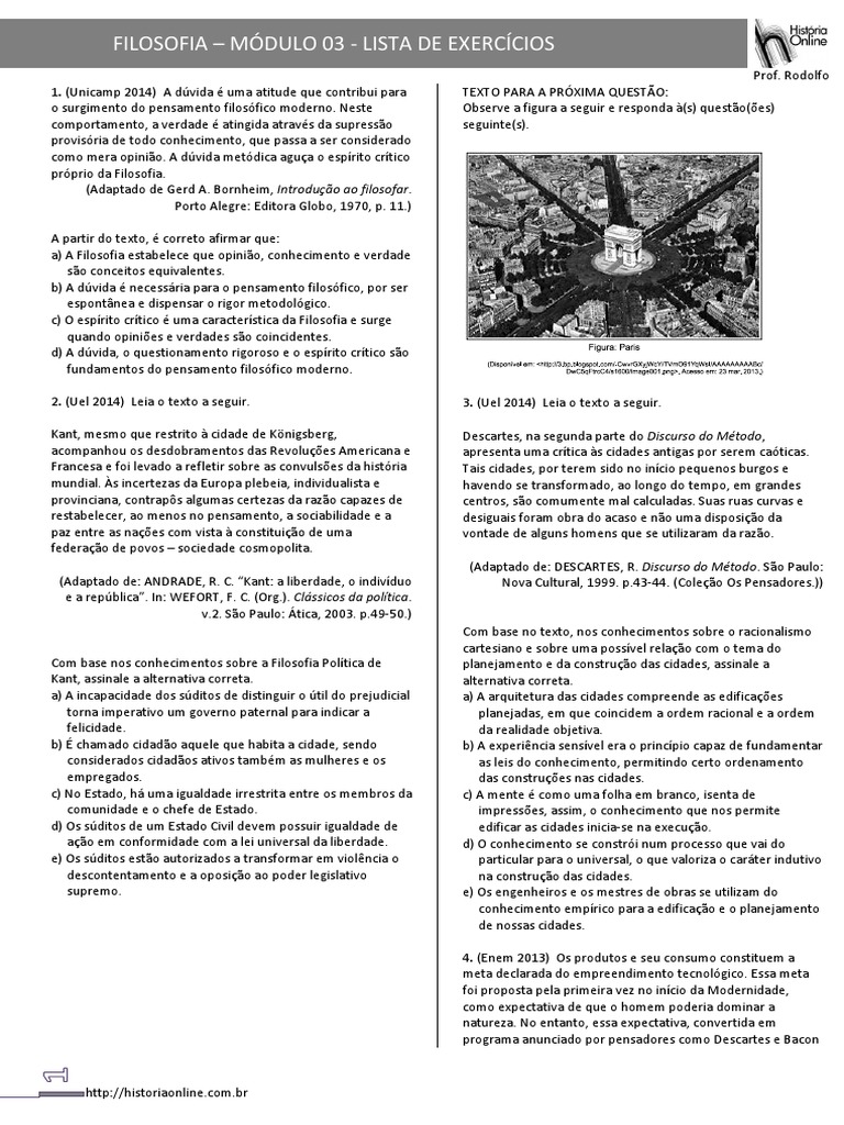 Filosofia Lista de Exercícios para Enem e Vestibular | PDF | Immanuel ...