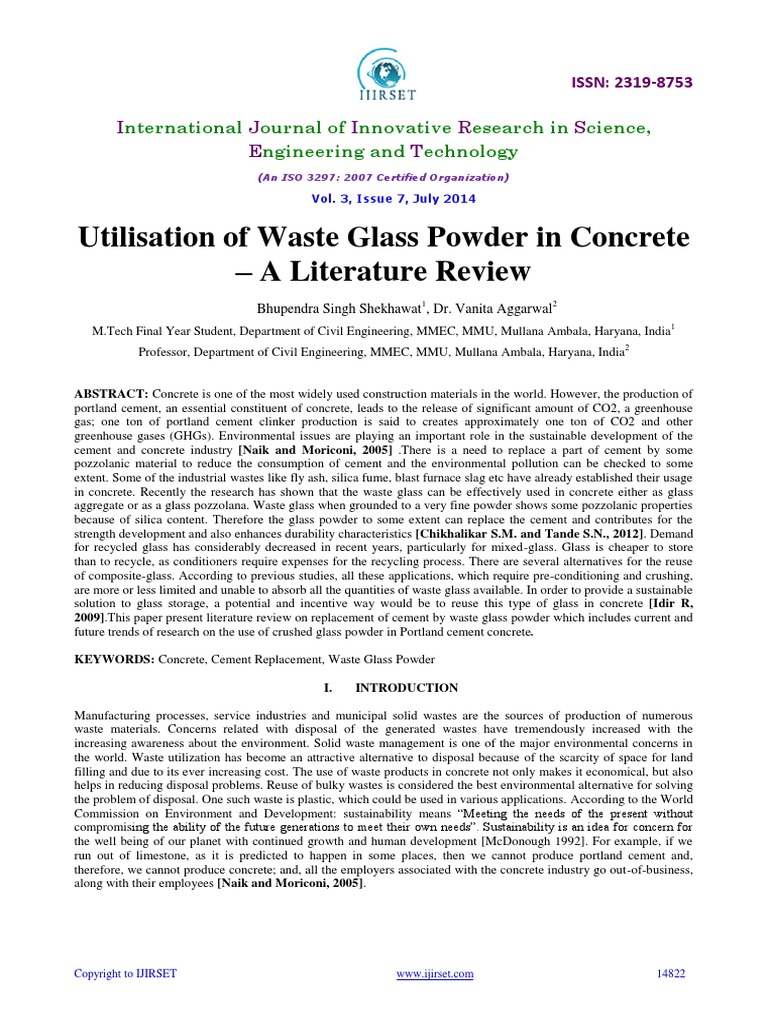 Utilization of Waste Glass Powder in Concrete | PDF | Concrete | Waste ...