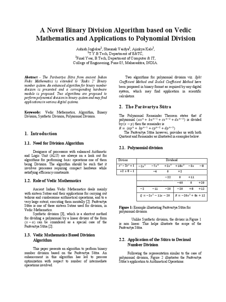A Novel Binary Division Algorithm Based On Vedic Mathematics and Applications To Polynomial ...